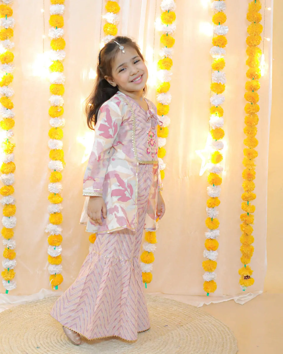 Splash Kurti Sharara Set With Potli Bag in Pink | Nimbu Kids