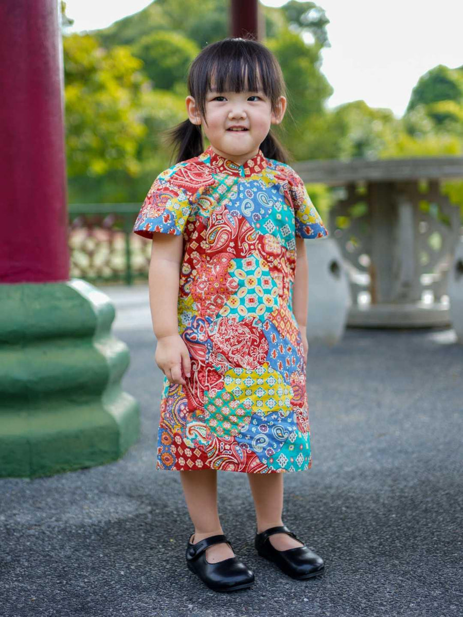 Harmony Multicolor Girls Cotton Cheongsam Dress - Nimbu
