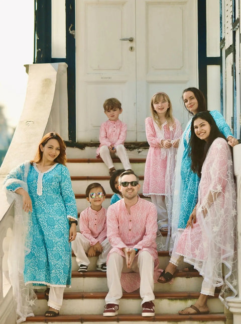 'Meher' Girls Pink Kurti, Pants with Lace Work and Embroidered White N ...