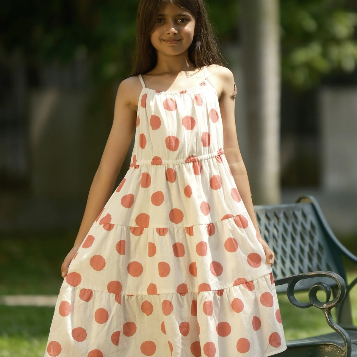 Sasha Pink Polka Girls Long Dress in Cotton - Nimbu