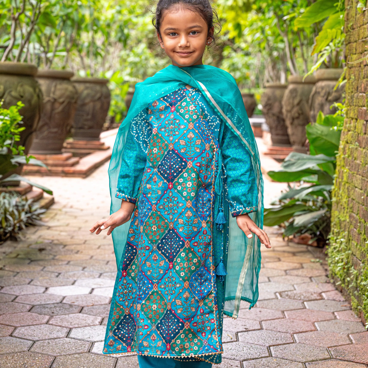 Shan Green Girls Angrakha Kurti Pant with Dupatta Set in Muslin Cotton ...